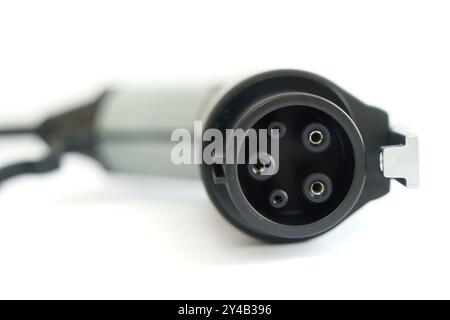 Close up of a female Type 1 j1772 connector on an EV charging cable ...