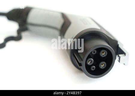 Close up of a female Type 1 j1772 connector on an EV charging cable ...