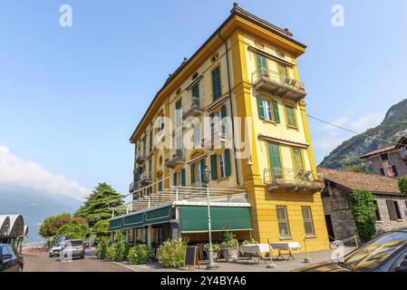 Yellow house in Varenna, beautiful village on lake Como, Italy Stock ...
