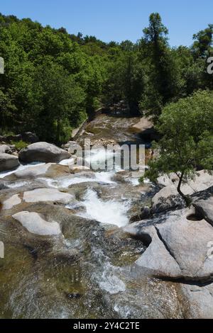 Empty natural river pool surrounded by rocks trees and green hills in ...