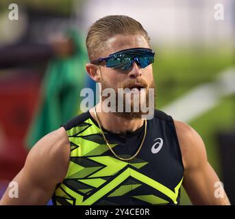 CJ Allen of the USA competing 400m hurdles at the Memorial Van Damme ...