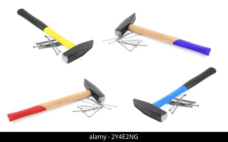 Collage with different hammers and metal nails on white background ...