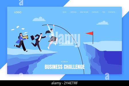 Business people runs and jumps pole vault over abyss flat style design ...