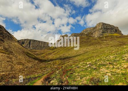 Towering cliffs of basalt lava over Jurassic sediments at the Quiraing ...