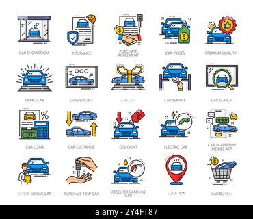 Dealership line icons, showroom and insurance, diagnostic and service ...