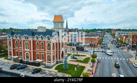 Aerial View of Defiance County Courthouse and Downtown Ohio Urban Grid ...