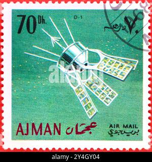 The 1968 stamp from Ajman, United Arab Emirates, features local artwork ...