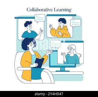 Collaborative learning concept. Students engaging in teamwork by a rocket launch symbolizes ...