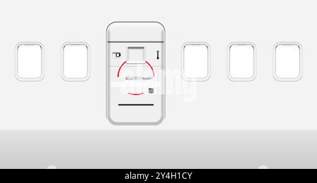 Airplane windows and door, view from inside cabin with white sidewall ...