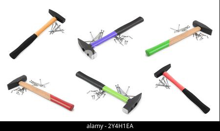 Collage with different hammers and metal nails on white background ...