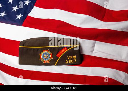 VFW hat from a life member resting on the USA flag, vertical Stock ...