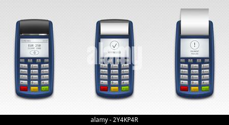 Realistic 3d pos machine top view, credit cards and receipt. Cashless payment terminal. Card ...
