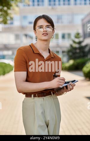 A stylish young non binary person poses confidently while expressing ...