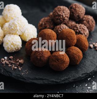 three types of chocolate balls on stone board Stock Photo - Alamy