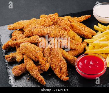 Crispy golden fries, nuggets, onion rings, and dark bread slices served ...