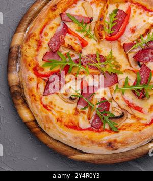 Fresh delicious pizza with three types of meat and sausage Stock Photo ...