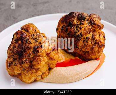 Gourmet cauliflower steaks with a vibrant red sauce, elegantly ...