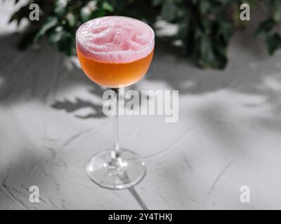 Stylish pink cocktail with a frothy top, served on a sleek, textured ...