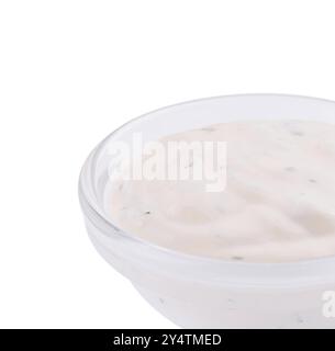 Fresh ranch sauce in a transparent bowl, isolated on a white background ...