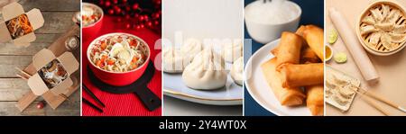 Collage of tasty Chinese dishes on color background Stock Photo - Alamy
