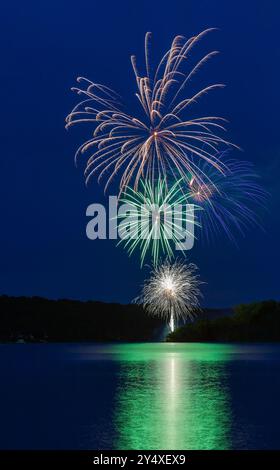 Colorful fireworks exploding over water with red, white, and blue ...