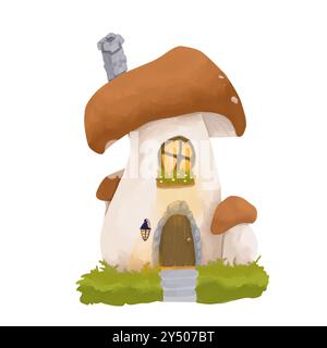 Watercolor cartoon fairy tale mushroom house with wooden door ...