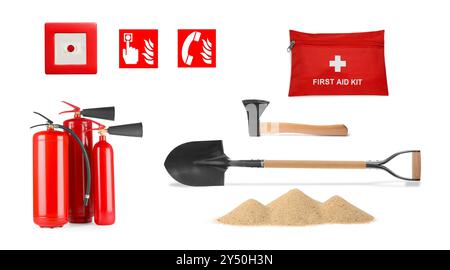 Collage with fire extinguishers and other firefighting equipment on ...