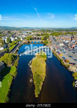 Aerial view, River Nith, Dumfries, with multiple bridges spanning the ...