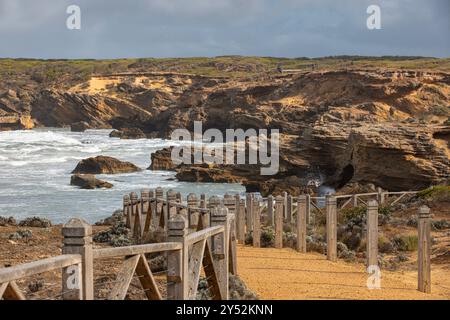 Scenic coastal path with wooden railing along rugged volcanic cliffs ...