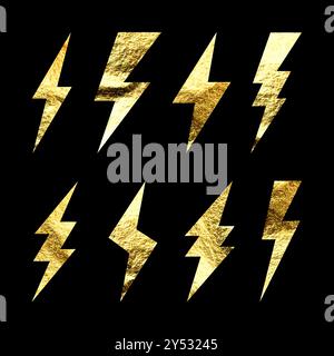 Golden lightning bolt icons collection. Gold foil texture. Flash symbol ...