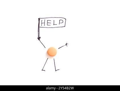 Creative concept featuring a stick figure holding a help sign with a ...
