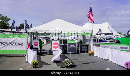 NORWALK, CT, USA- SEPTEMBER 19, 2024: View from Fairline Phantom 65 ...