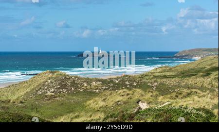 View of Godrevy lighthouse from the North Cornwall coastal path ...