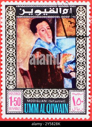 Photo of a 1 Qatari riyal postage stamp from Umm al-Qiwain English ...
