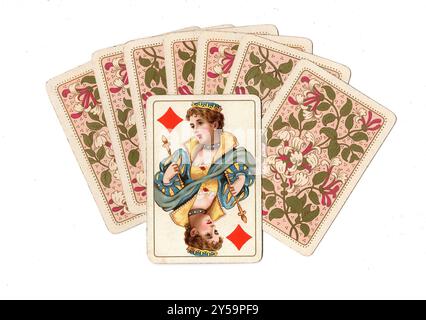 A fan of vintage card backs with one picture card revealed on a white ...