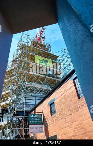 Scaffold covering Marsh Mill windmill in Thornton during maintenance ...