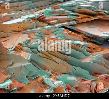 Gallstone crystals. Coloured scanning electron micrograph (SEM) of the ...