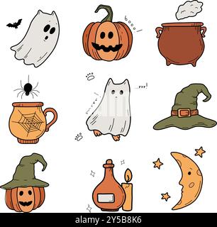 Traditional Halloween symbols: ghosts, ghost cat, pumpkin, witch hat ...