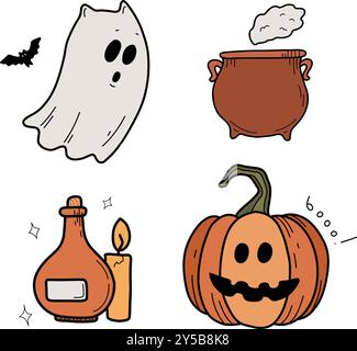 Traditional Halloween symbols: ghosts, ghost cat, pumpkin, witch hat ...