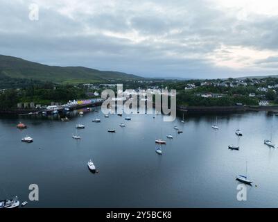 Aerial view of boats around the Portree harbor in Isle of Skye ...