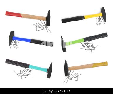 Collage with different hammers and metal nails on white background, top ...
