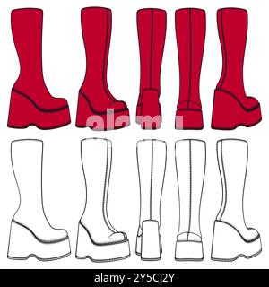 Set of colored retro platform boots. Isolated vector objects on white ...