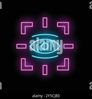 Retina scan neon light icon. Iris recognition. Eye scanning. Glowing sign with alphabet, numbers ...