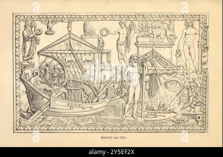Engraving of ships in the ancient Roman port of Ostia, bearing members ...