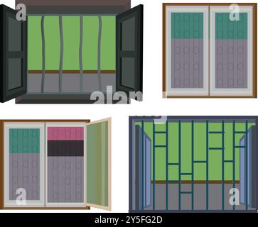 Set of open and closed windows on white background. Cartoon flat style ...