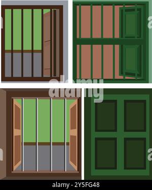 Set of open and closed classic wooden front doors isolated on white ...