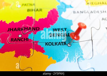 A map pin pointing Kolkata - the capital of West Bengal on Indian map ...