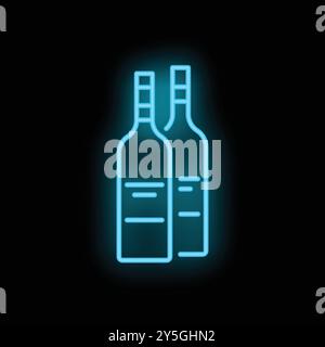 Blue neon icon of two bottles, one with a round label, glowing against ...