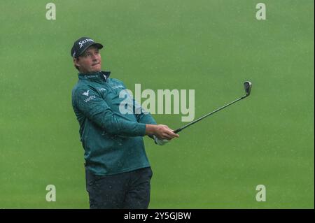 Sepp Straka, of Austria, watches his shot from the 18th fairway during ...