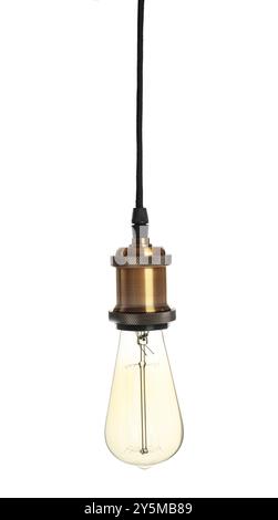 One light bulb hanging on white background Stock Photo - Alamy